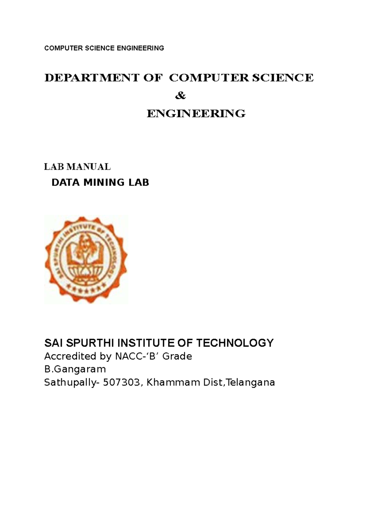 DATA MINING LAB MANUAL - SAI SPURTHI INSTITUTE OF TECHNOLOGY - Studocu