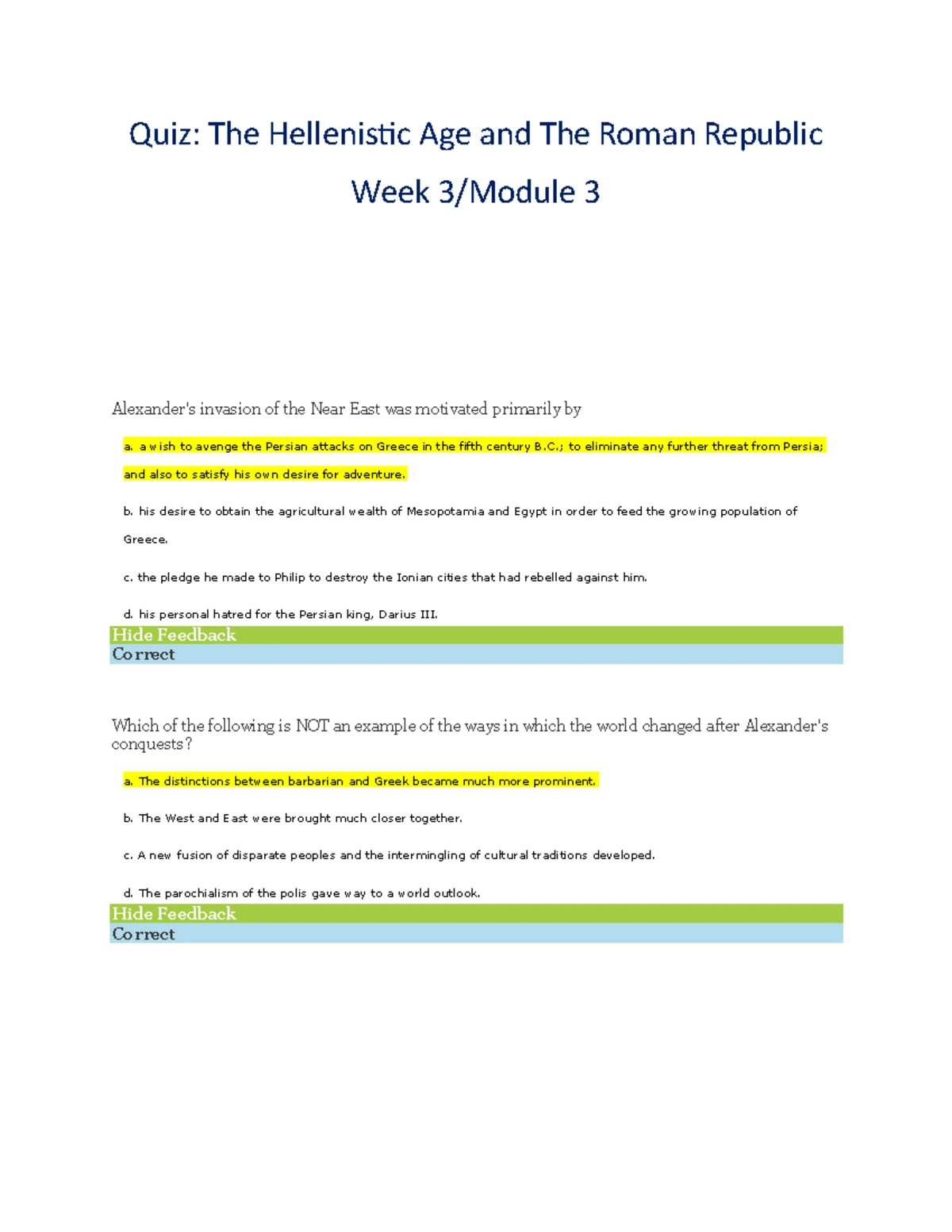 Quiz: Exploring The Hellenistic Age & Roman Republic Insights - Studocu