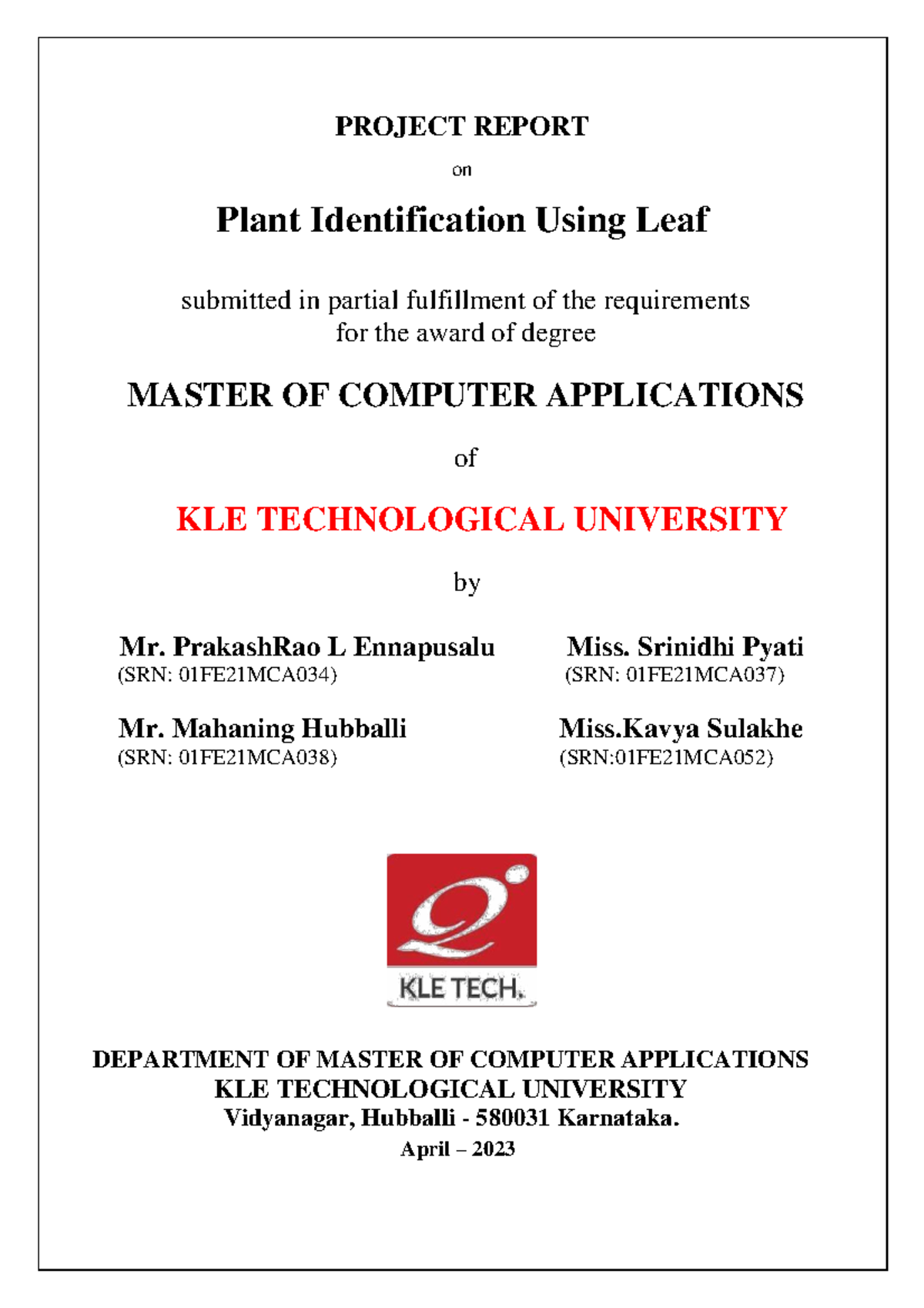 MCA Project Report: Plant Identification Using Leaf Images - Studocu