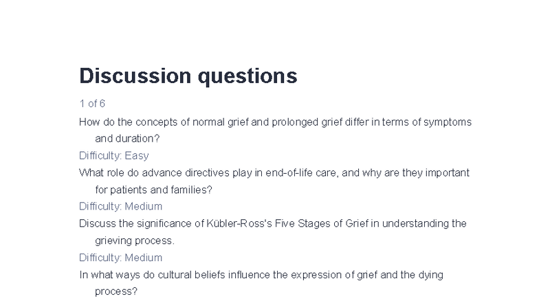 Discussion Questions on Grief Concepts and Care - PSY 101 - Studocu