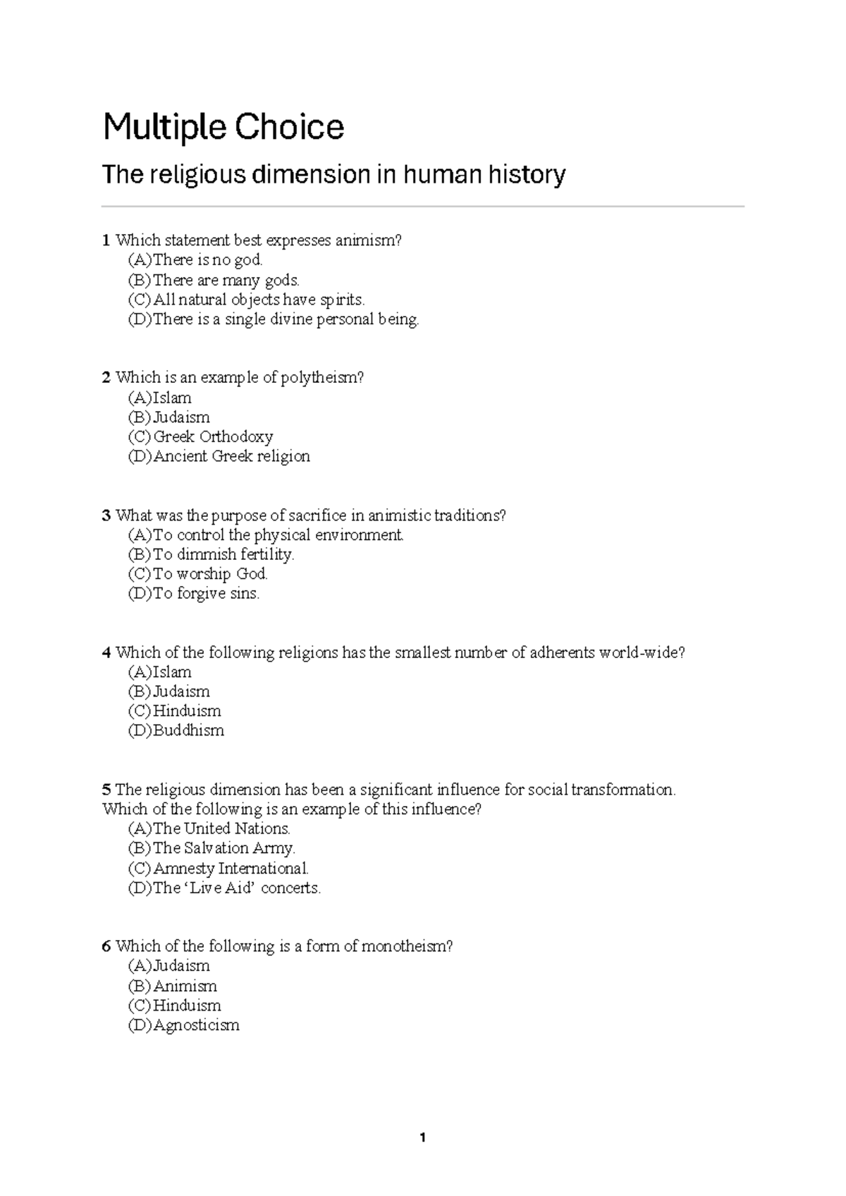MC questions ~ the religious dimension in human history-1 - Multiple ...