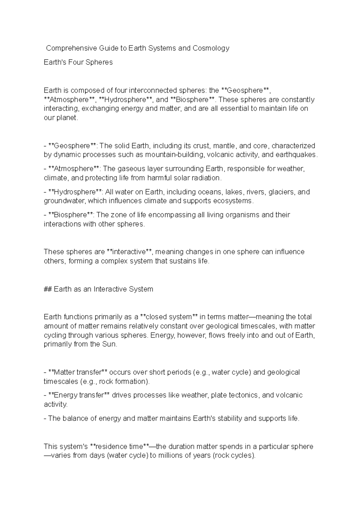 Comprehensive Guide to Earth Systems and Cosmology (Course Code: ESC101 ...