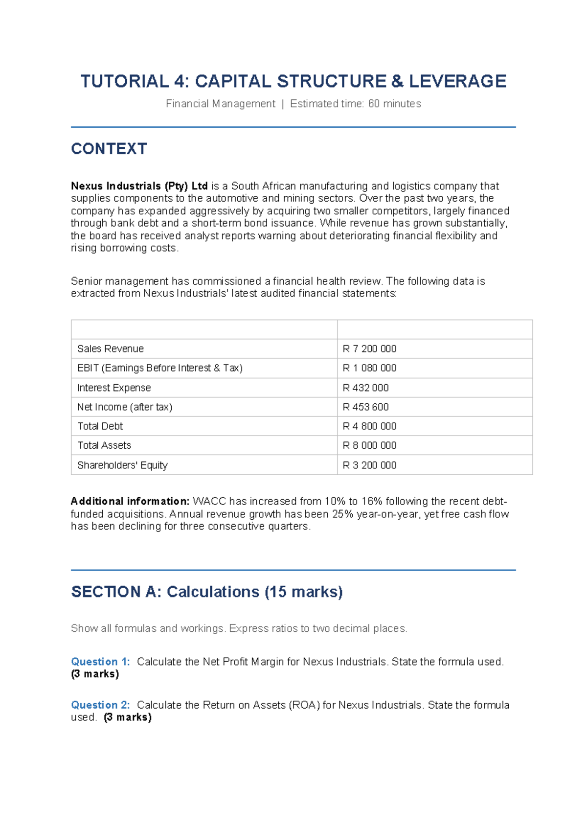 Tutorial 4: Capital Structure & Leverage Analysis for Nexus Industrials ...