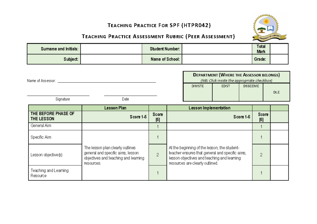 Teaching Practice Assessment Rubric for SPF (HTPR042) - Studocu