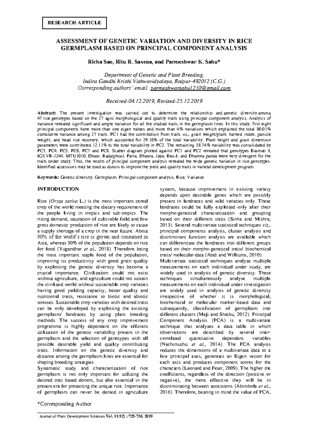 ASSESSMENT OF GENETIC VARIATION IN RICE GERMPLASM USING PCA - Studocu