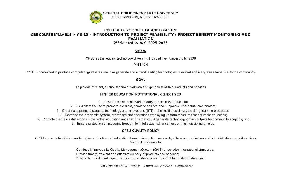 AB 15 Syllabus: Introduction to Project Feasibility & Evaluation - Studocu