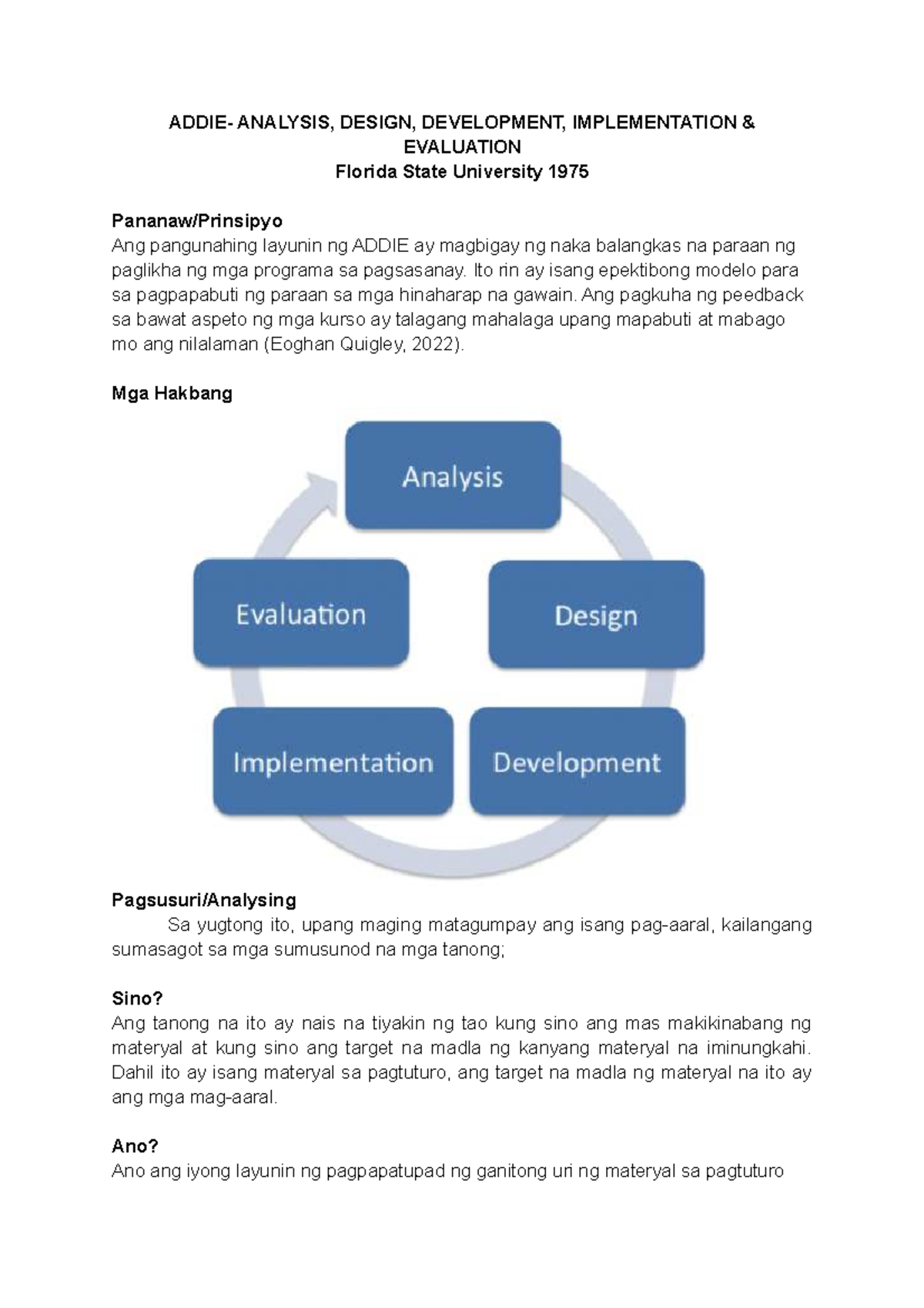 ADDIE Model Overview: Analysis, Design, Development, Implementation, Evaluation - Studocu