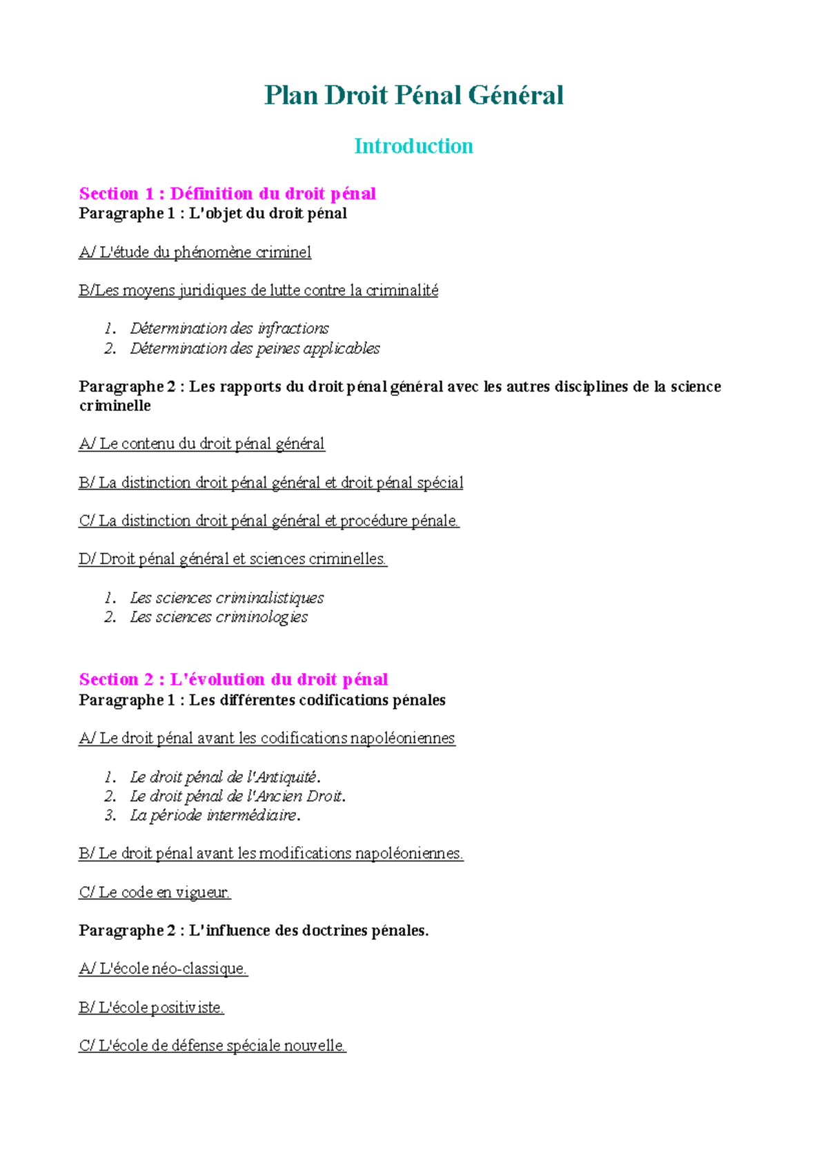 Plan DPG - Introduction au Droit Pénal Général et ses Concepts - Studocu