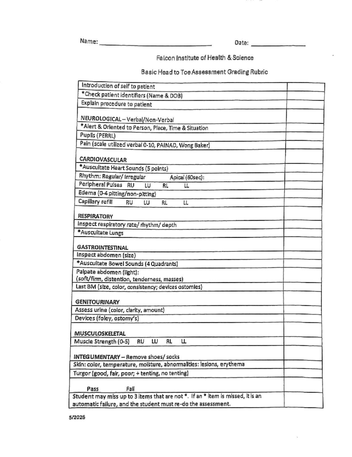 Basic Head to Toe Assessment Grading Rubric - HSC 101 - Studocu