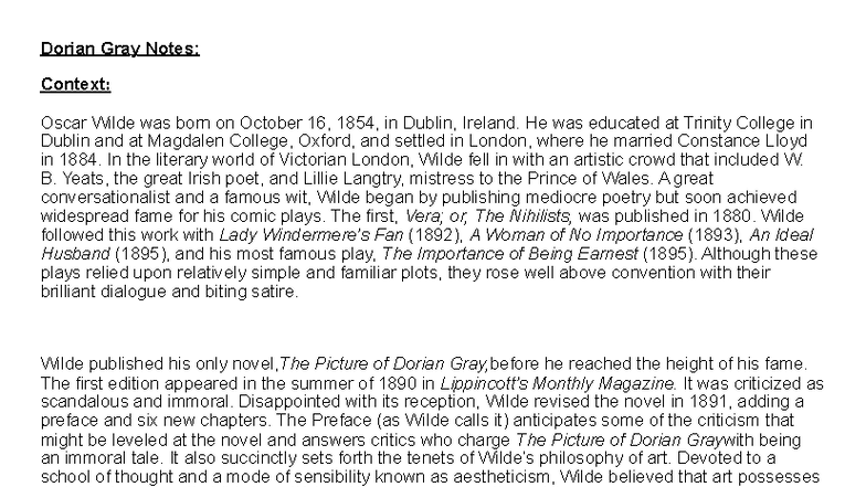 Eng HL Gr 12: The Picture of Dorian Gray - Comprehensive Study Notes ...
