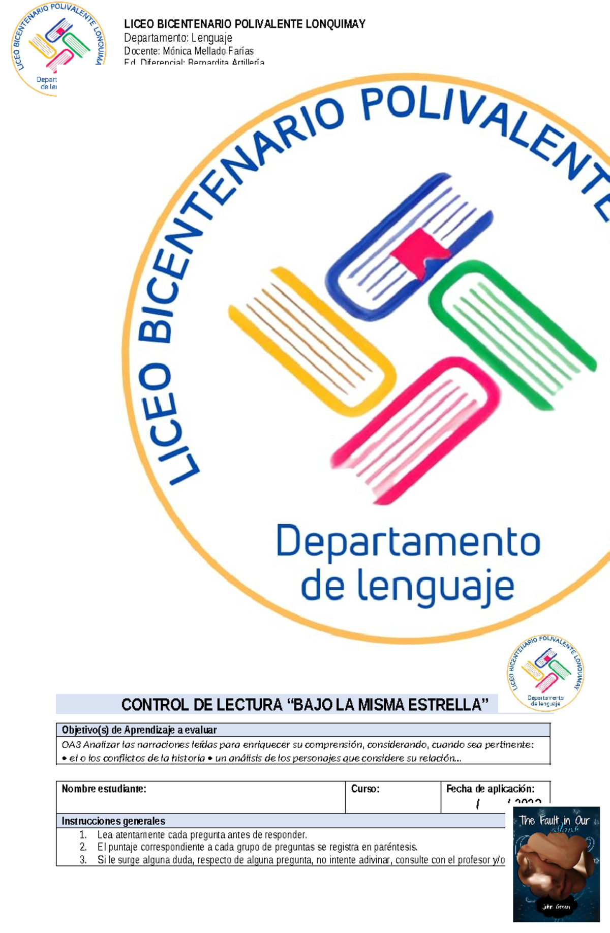 Control de lectura Bajo la misma estrella - Departamento: Lenguaje ...