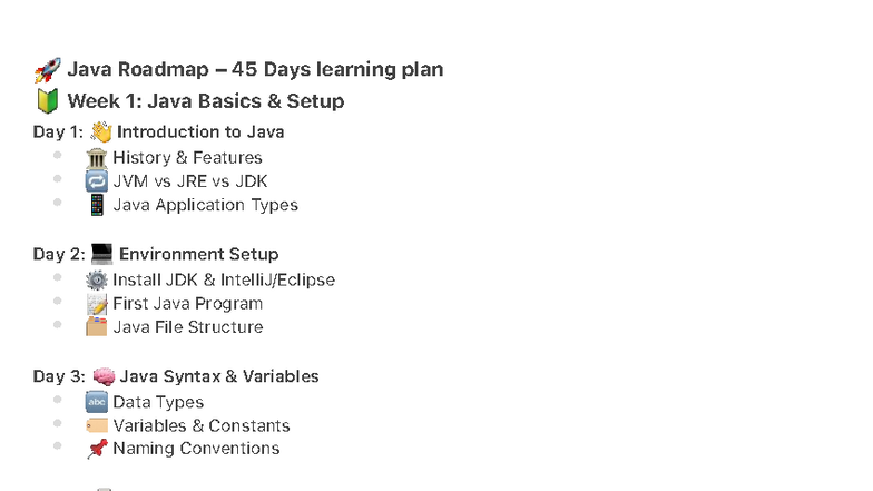 Java Roadmap: 45-Day Learning Plan for Java Basics and OOP - Studocu
