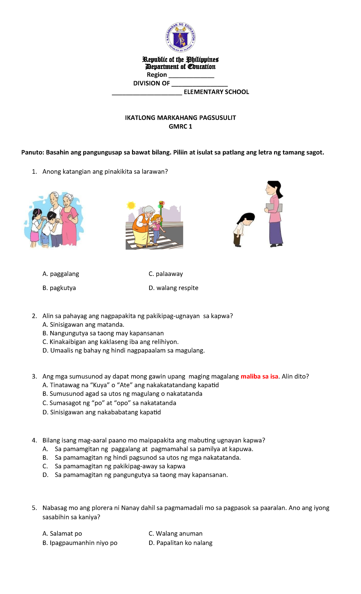 DTC PT Q3 Grade 1 Matatag GMRC 1 Exam Questions and Answer Key - Studocu