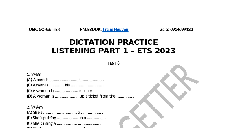 ETS23 DICTATION PRACTICE: Listening Part 1 Tests 6-10 - Studocu