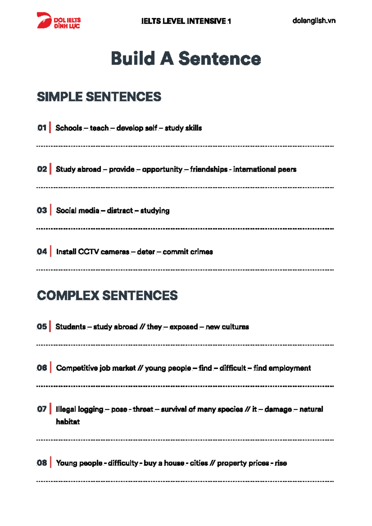 Level Intensive 1 - Sentence Construction Practice & Examples - Studocu