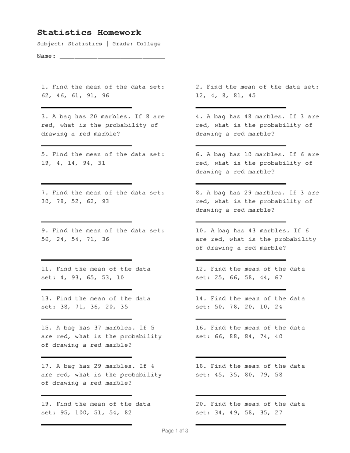 Statistics Homework 8: Mean & Probability Problems - Studocu