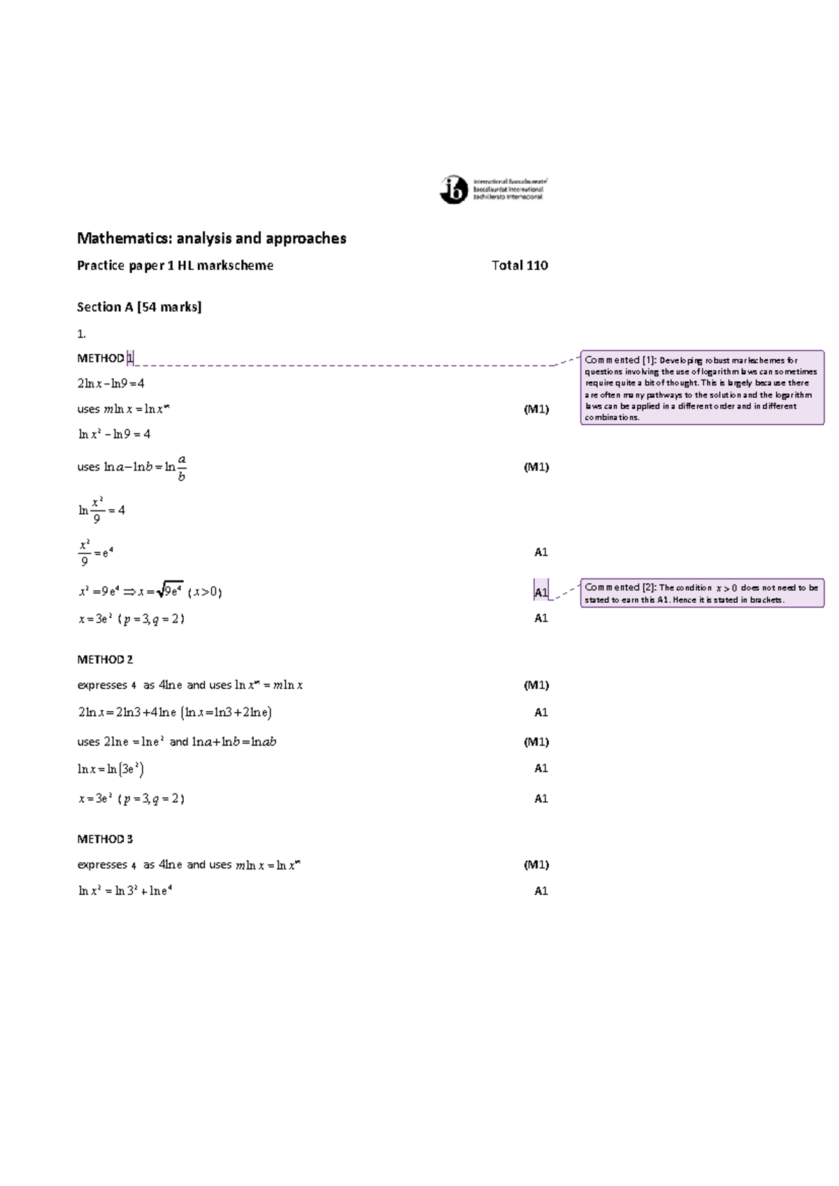 Mathematics: Analysis HL P1 Markscheme - Comprehensive Guide - Studocu