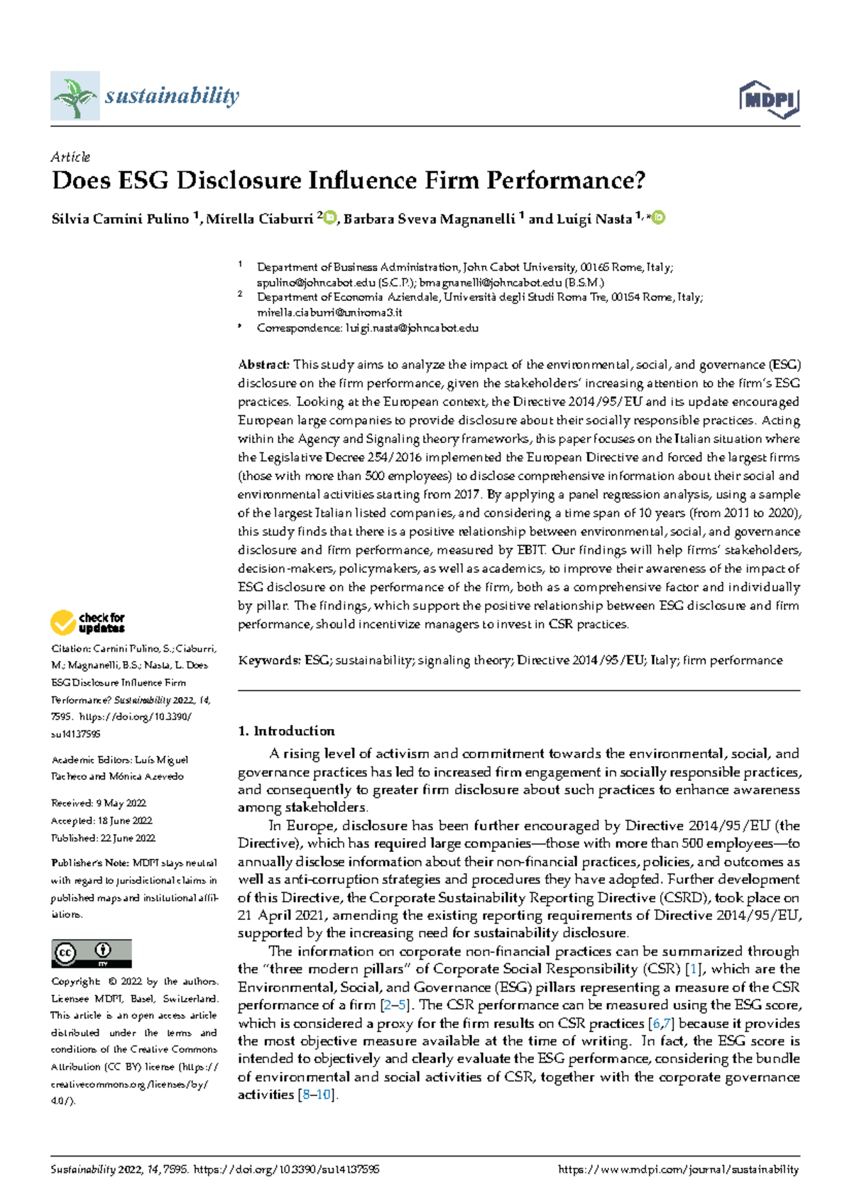 ESG Disclosure and Firm Performance: Evidence from Italy (B.S.M.) - Studocu
