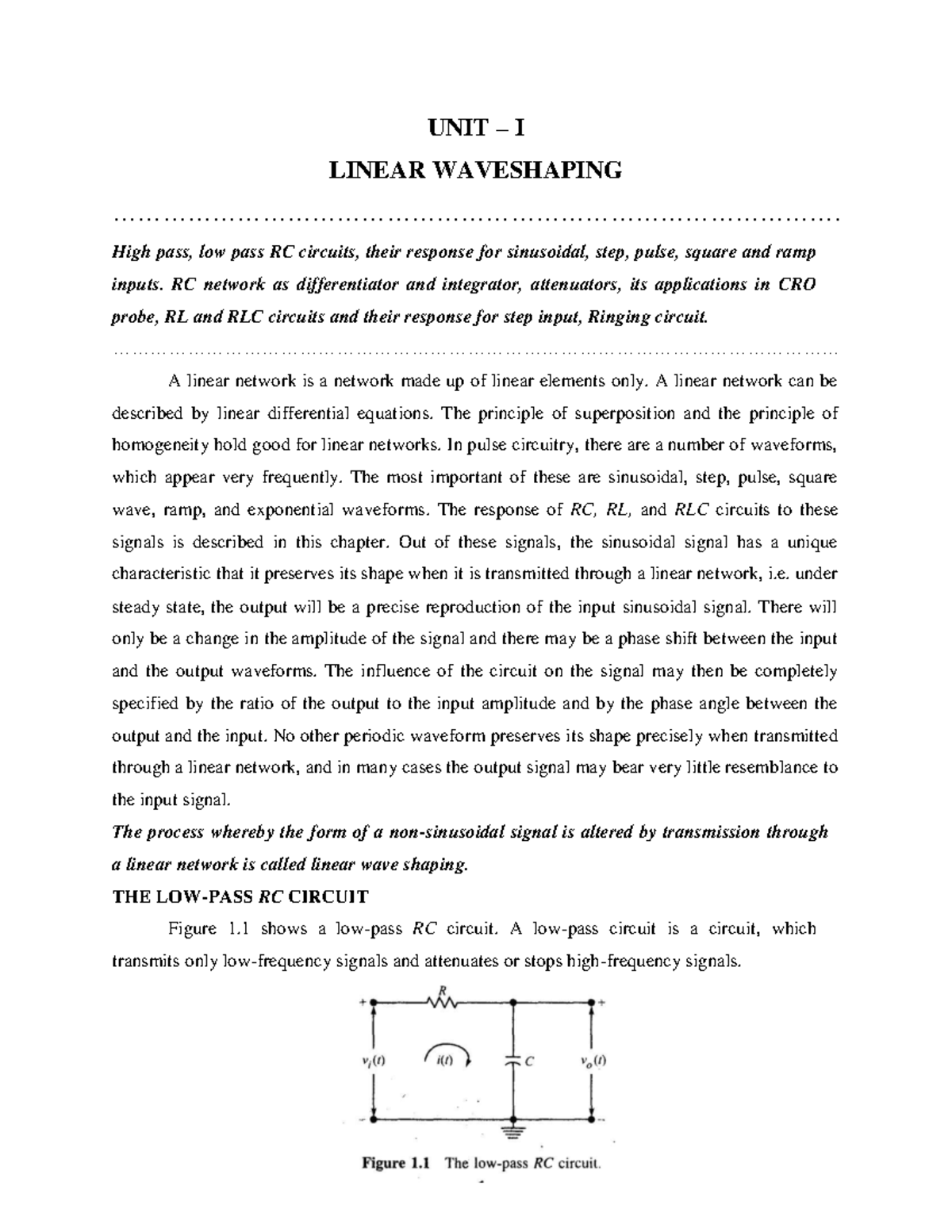 APC Unit-4: Linear Waveshaping in RC Circuits and Their Responses - Studocu