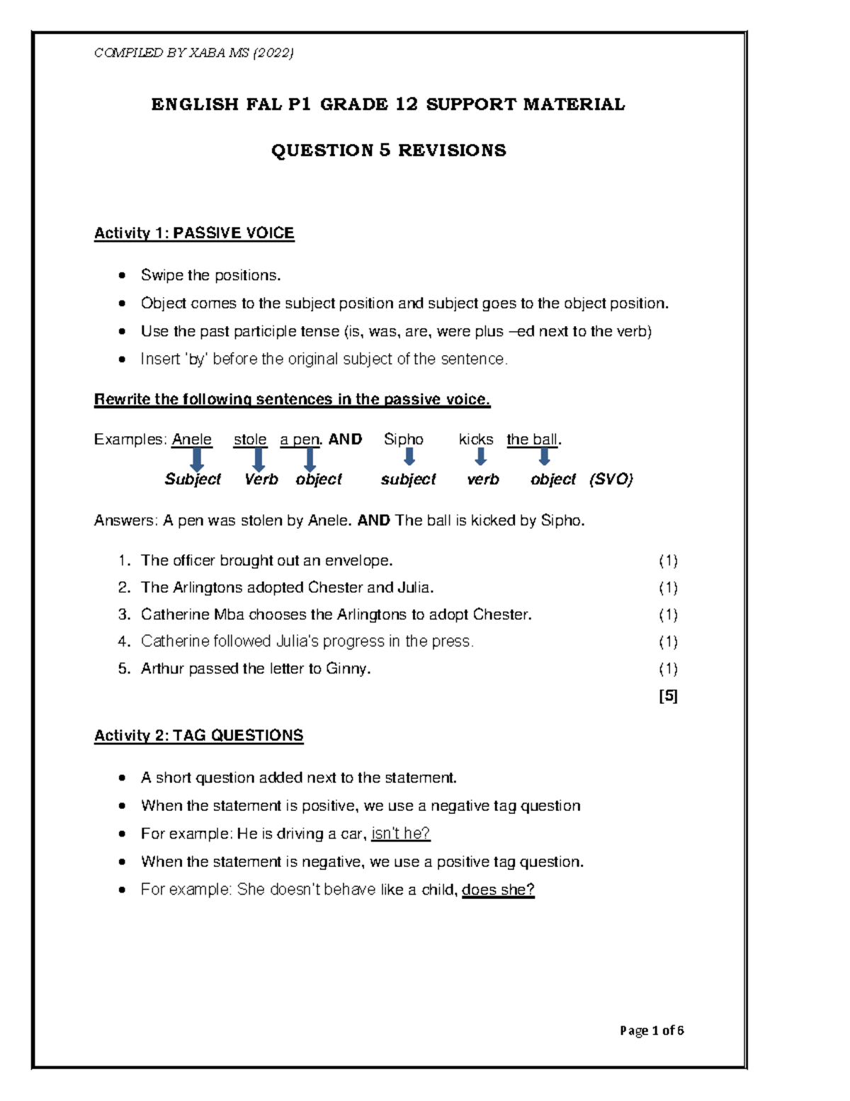 English FAL P1 Grade 12 Support Material - Question 5 Revisions - Studocu