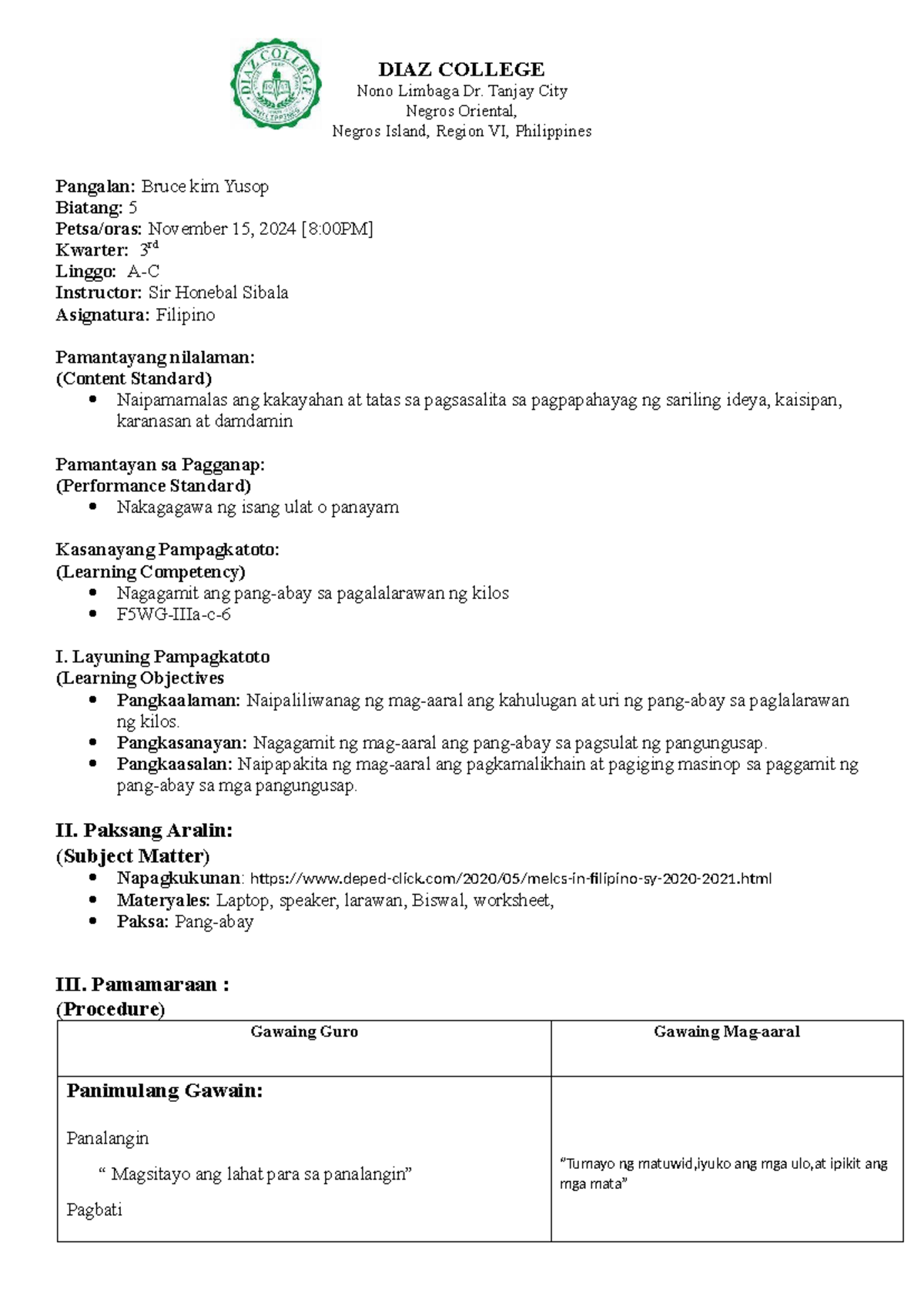 Detailed Lesson Plan 1 - For educational purpose only thank you - DIAZ ...