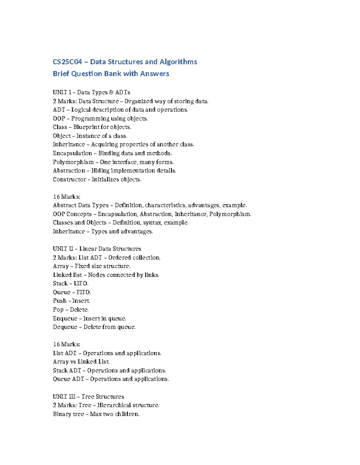 CS25C04 Data Structures & Algorithms: Brief Q&A Bank - Studocu