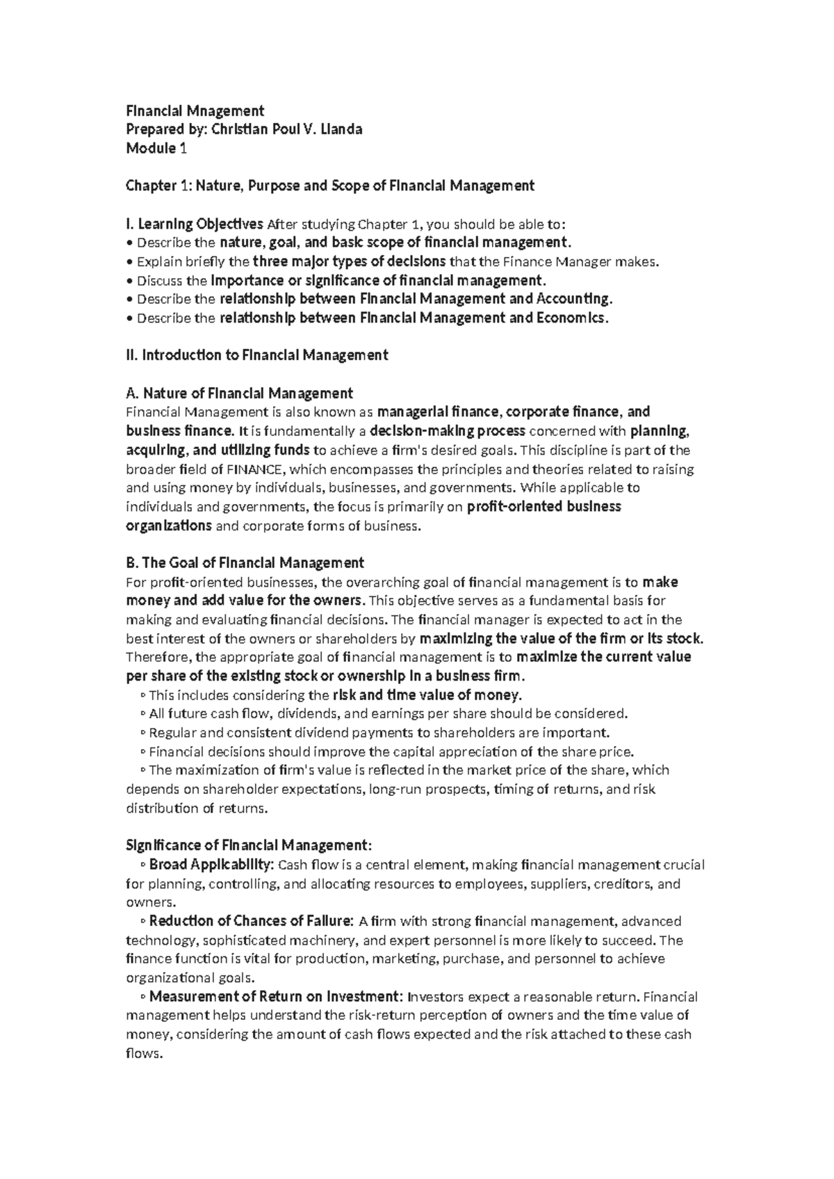 Financial Management Module 1: Nature, Purpose & Scope Overview - Studocu