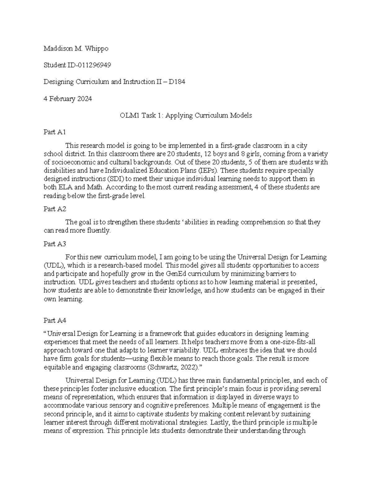 Task 1 - D185 Task 1 Passed - Maddison M. Whippo Student ID- Designing Curriculum and ...