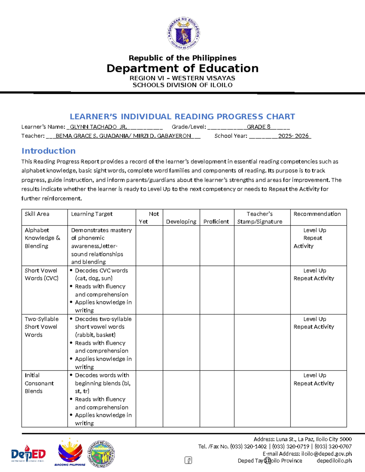 Learners' Individual Reading Progress Chart (Final) - Tachado - Studocu