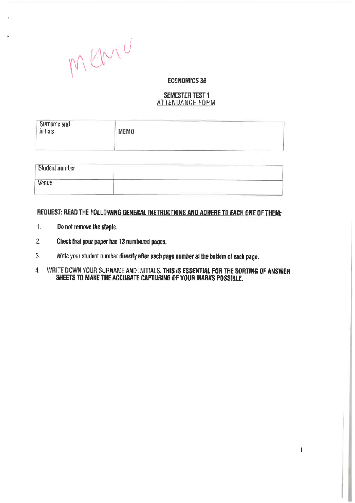 ECONOMICS 3B SEMESTER TEST 1 MEMO - ATTENDANCE & INSTRUCTIONS - Studocu