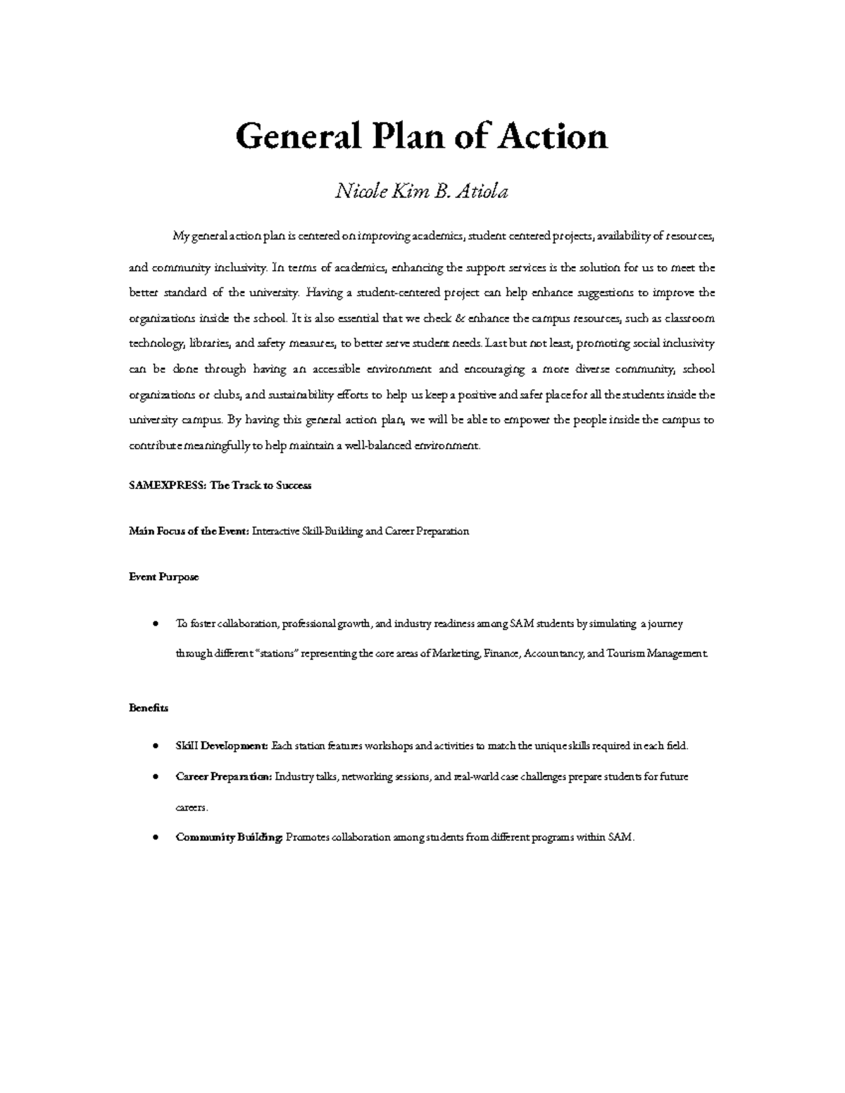 General Action Plan for Academic and Community Improvement - Studocu