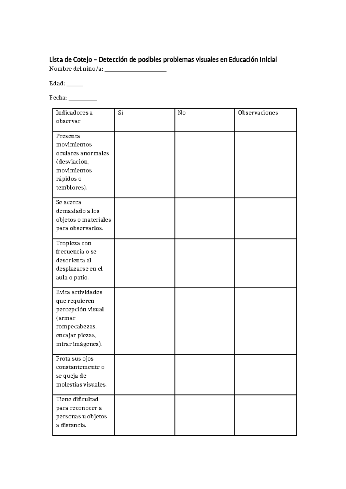 Lista de Cotejo para Detección de Problemas Visuales en Educación ...