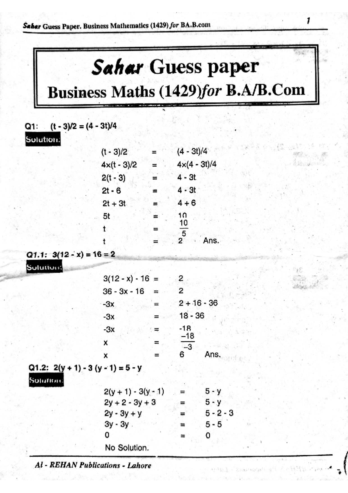 Sahar Guess Paper: Business Mathematics (1429) for BA/B.Com - Studocu