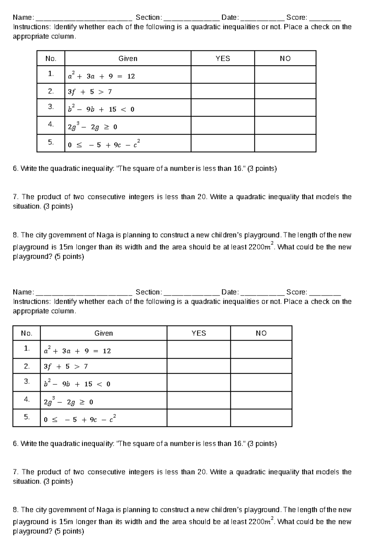 Assessment: Quadratic Inequalities - Identification & Modeling - Studocu