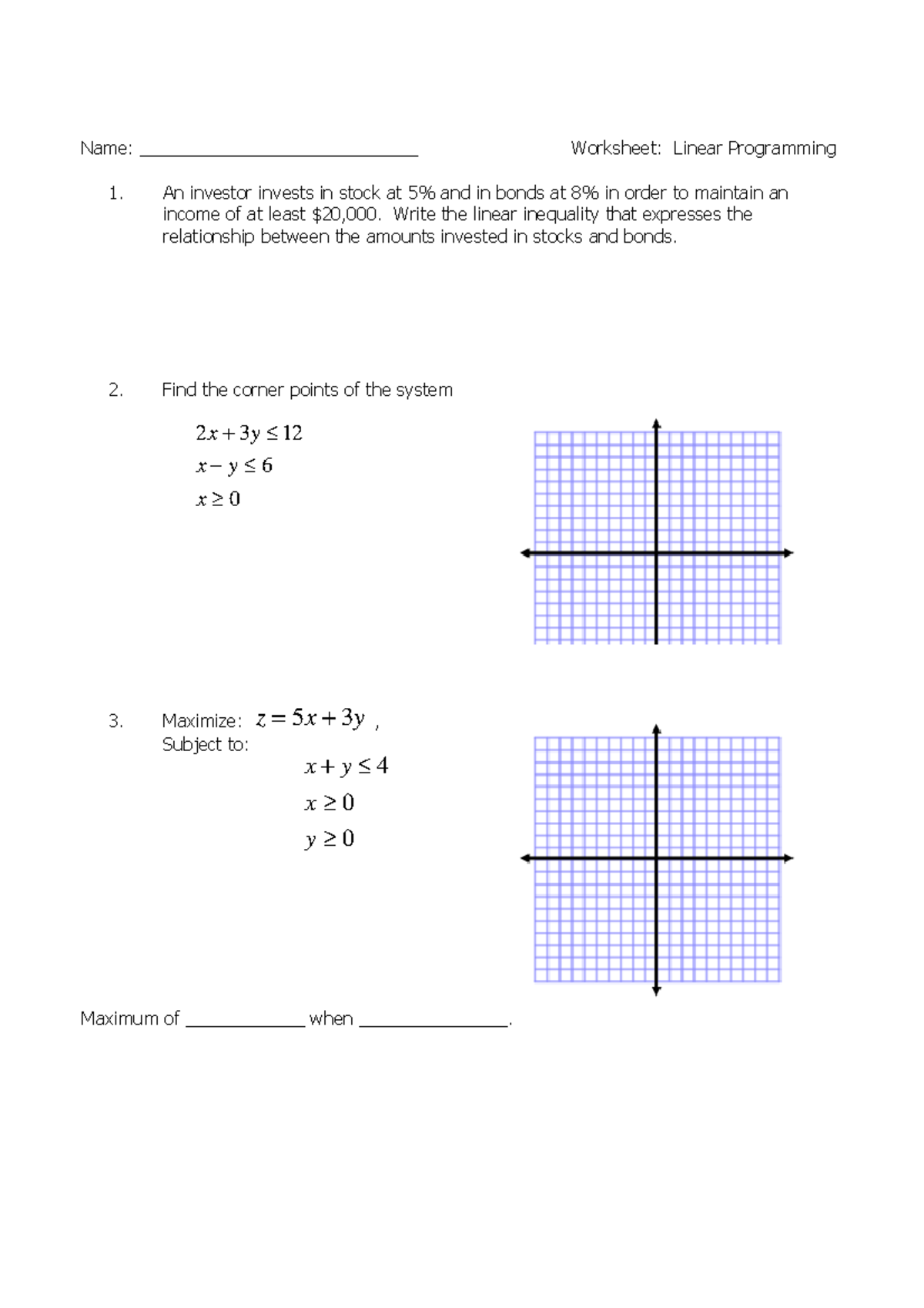 Linear Programming Worksheet: LP1 Concepts and Problems - Studocu
