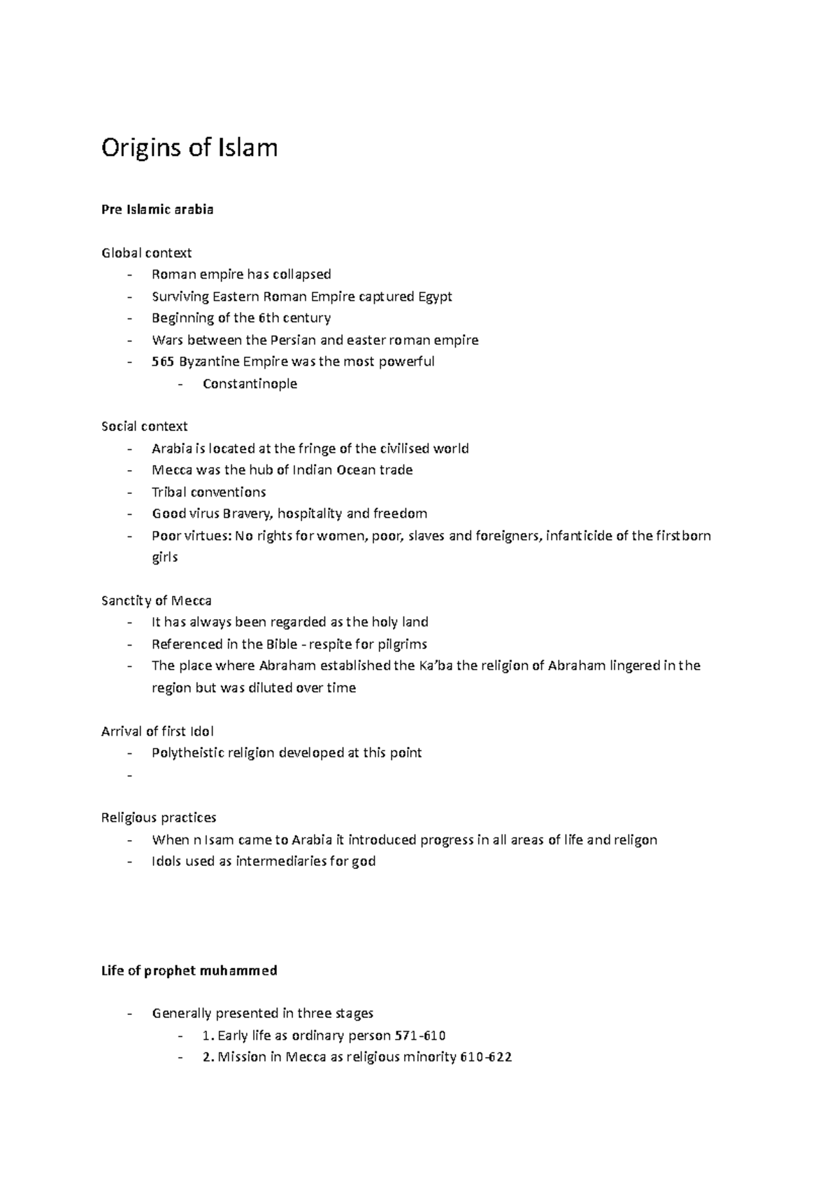 Islam Class Notes: Origins, Prophet Muhammad, and Key Teachings - Studocu