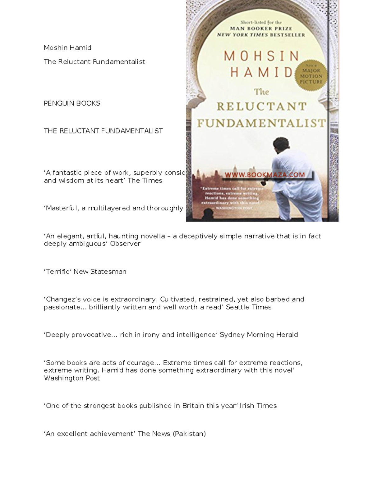 Httpschagharzai.wordpress - Moshin Hamid The Reluctant Fundamentalist ...