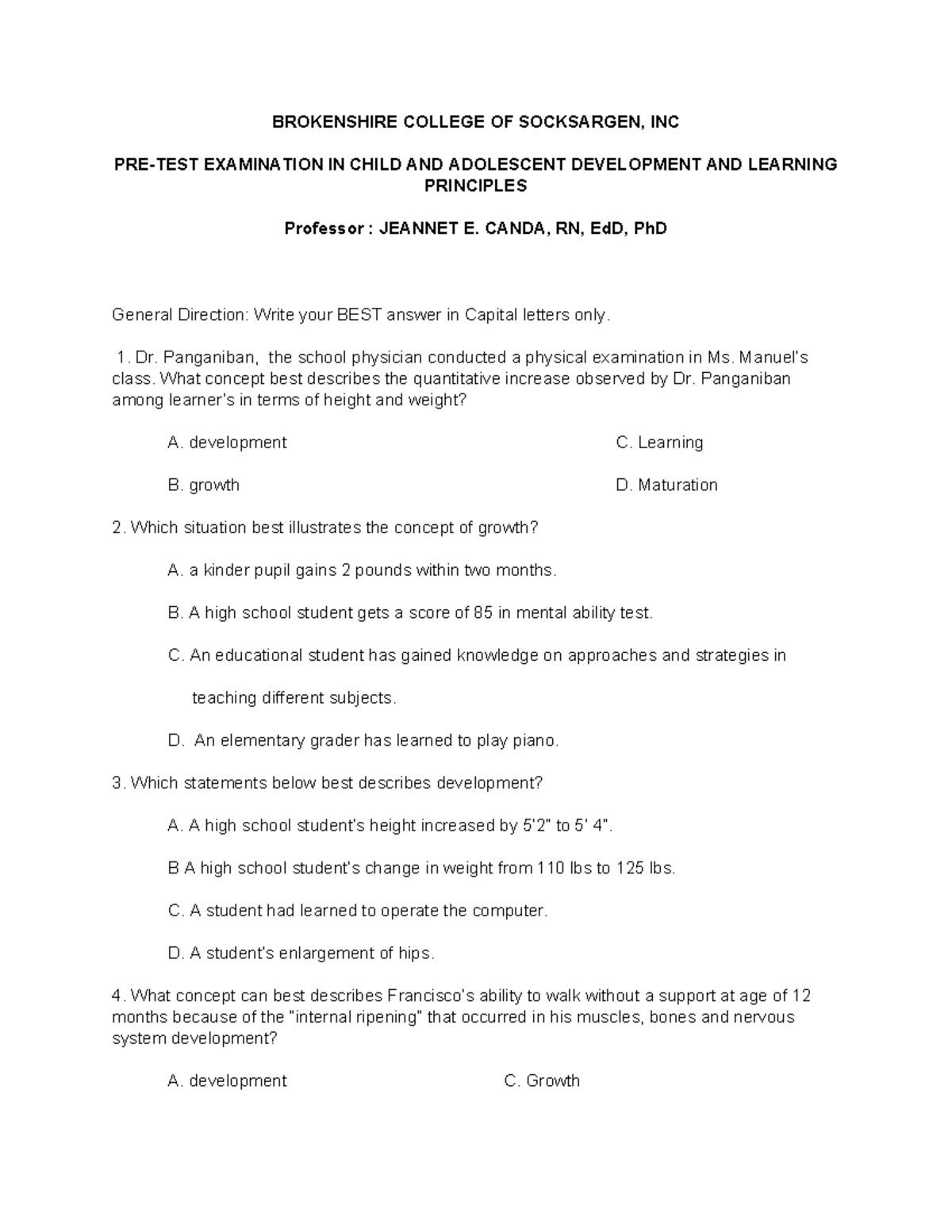 Pre-Test in Child and Adolescent Development (EDU 101) - Studocu