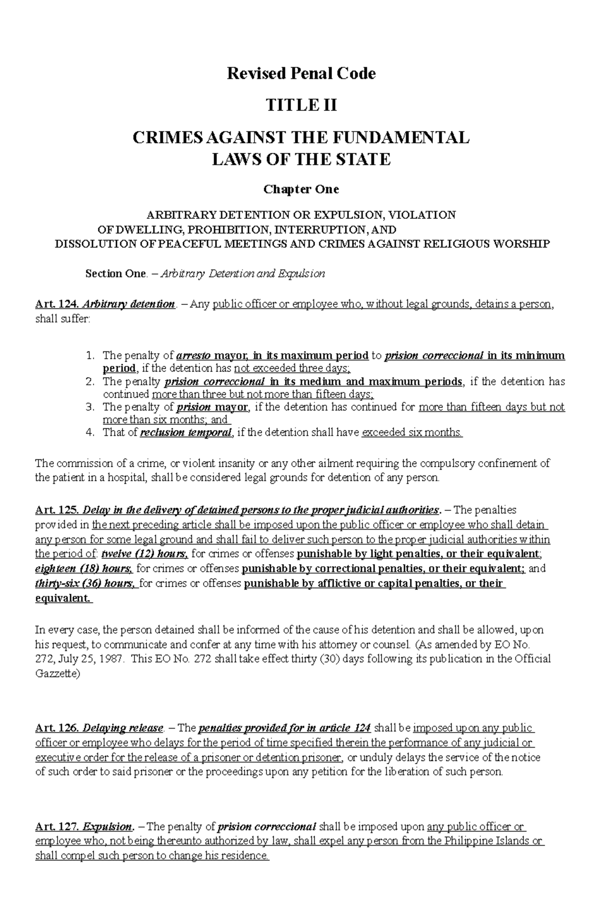 NARRATIVE REPORT - Revised Penal Code TITLE II CRIMES AGAINST THE ...
