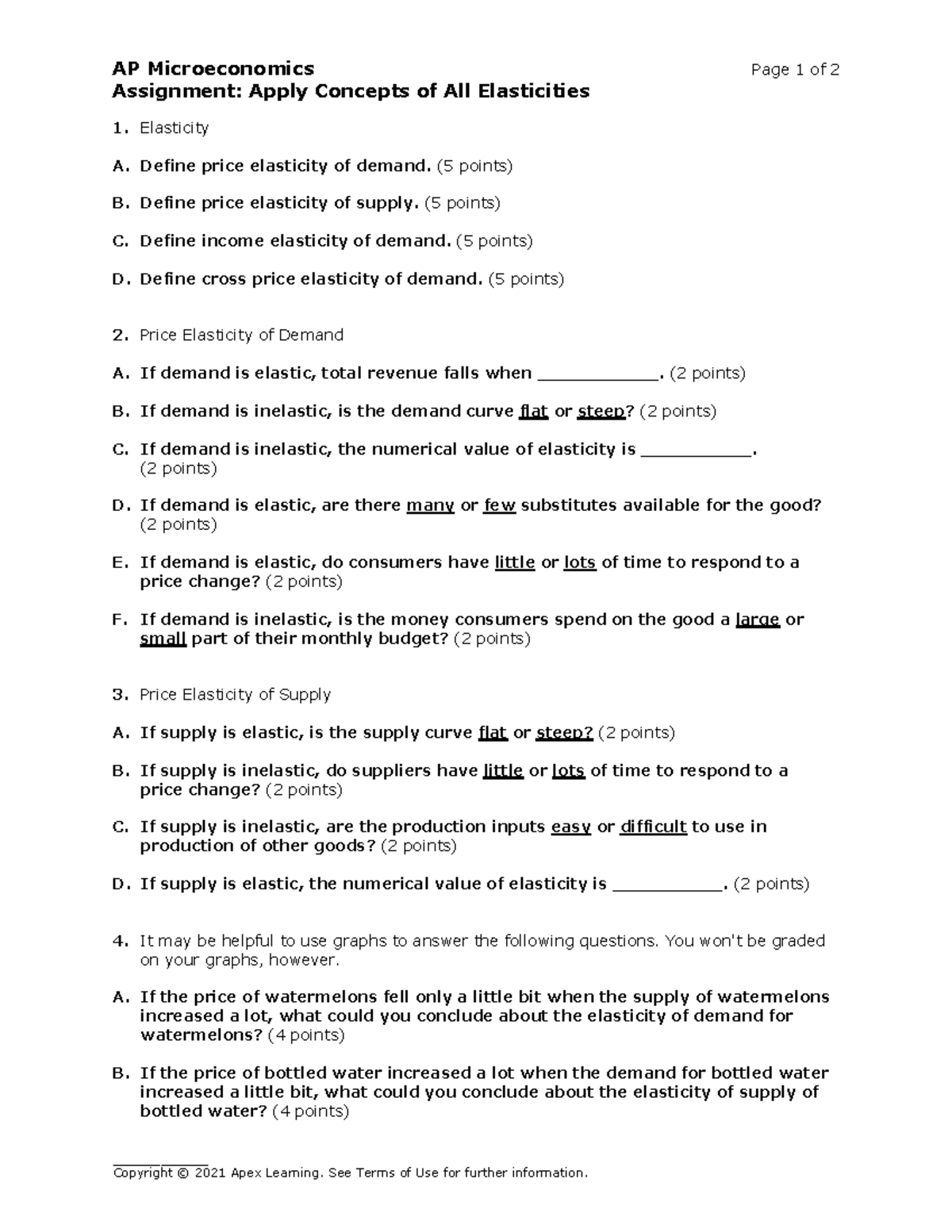 AP Microeconomics - Homework Unit 5: Elasticity Concepts and ...