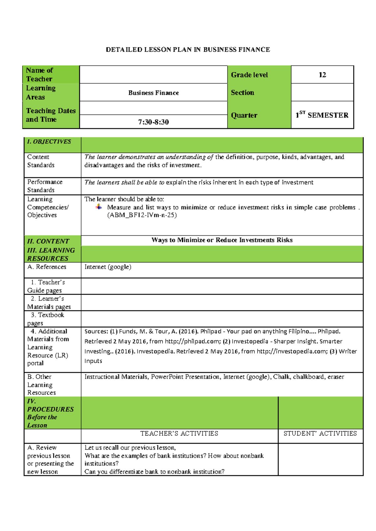 DLP-BF- Lesson Plan on Investment Types and Risk Management - Studocu
