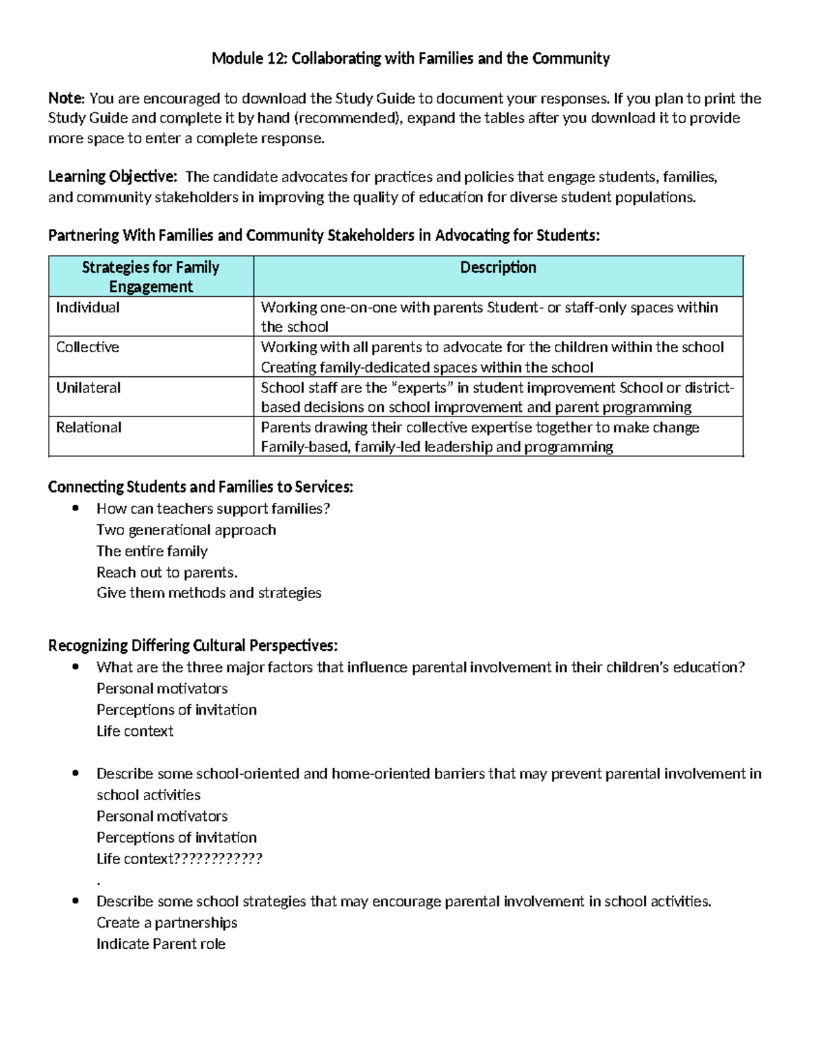 D096 D169 Module 12 Study Guide: Collaborating with Families - Studocu