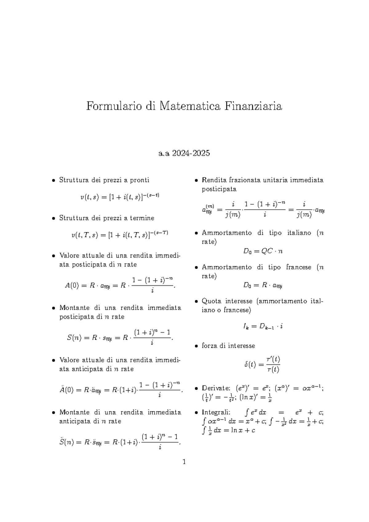 Formulario di Matematica Finanziaria: Struttura Prezzi e Rendite - Studocu