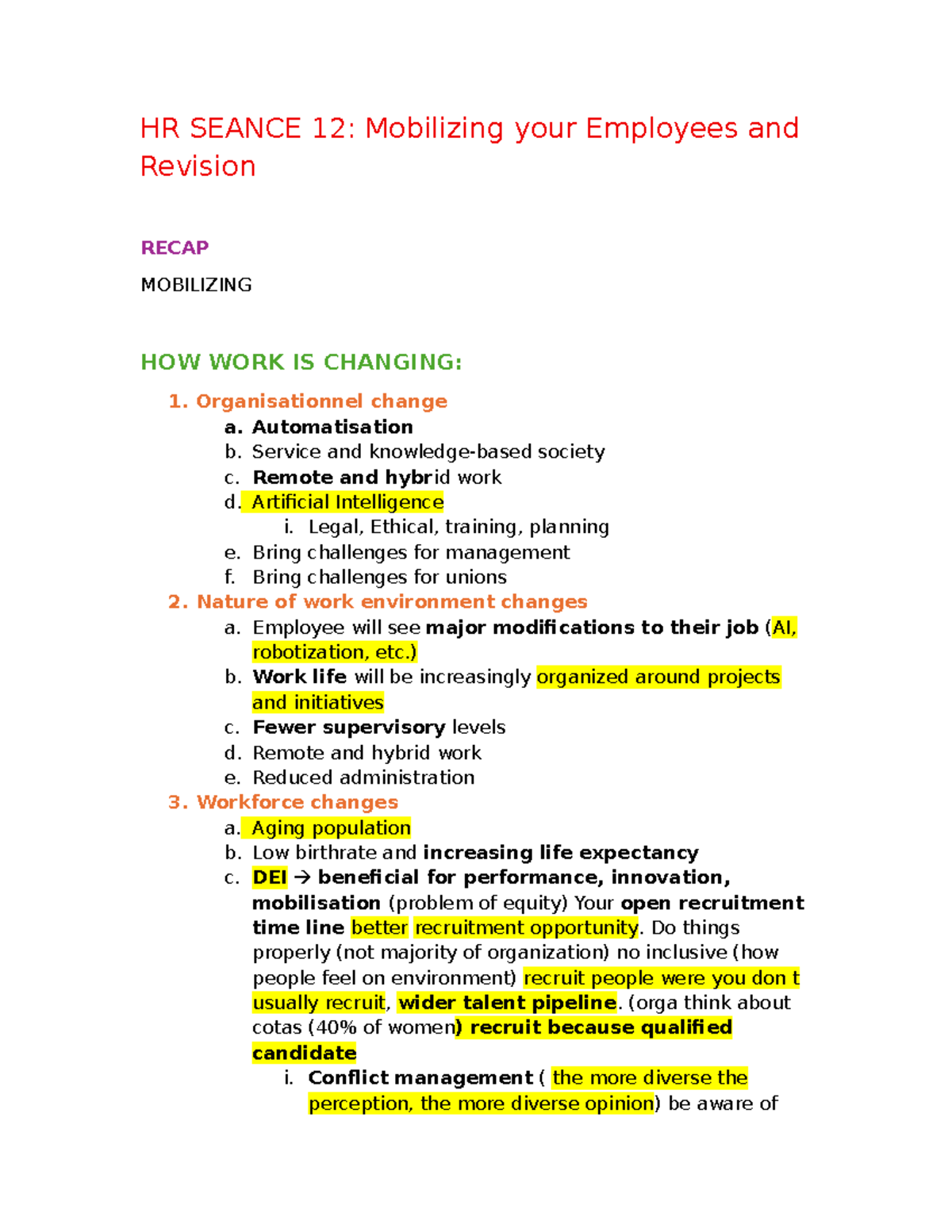 HR SEANCE 12: Mobilizing Employees in a Changing Work Environment - Studocu