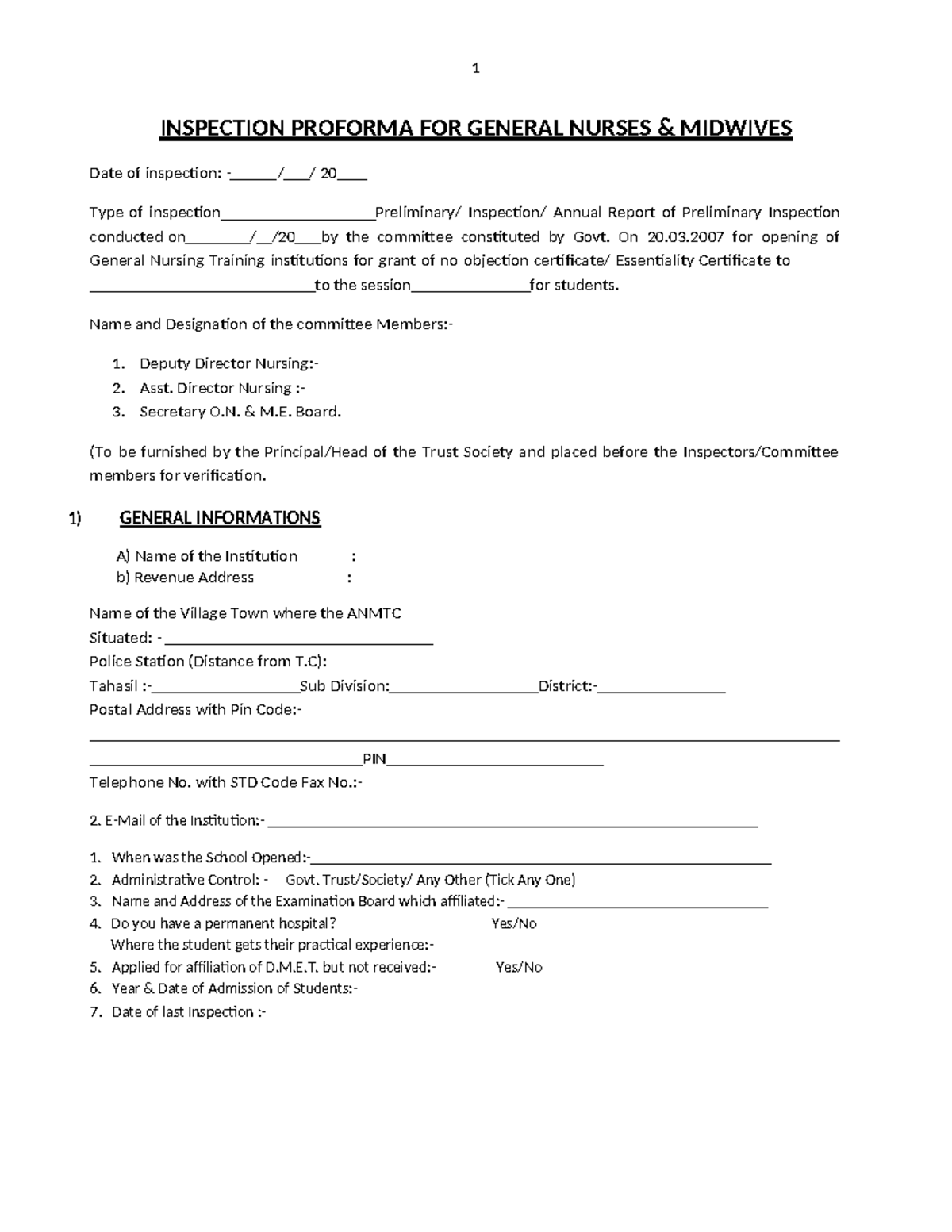 Inspection Proforma for GNM Course Evaluation - Studocu