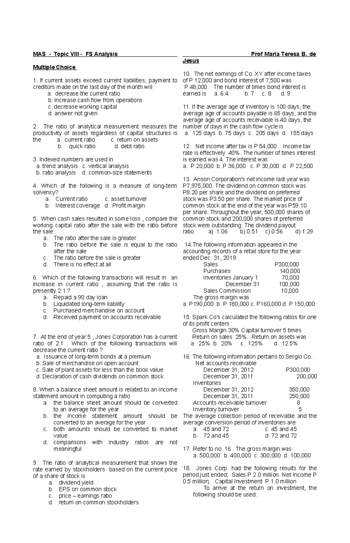 MAS - Topic VIII - Practice Exam on Financial Statement Analysis - Studocu