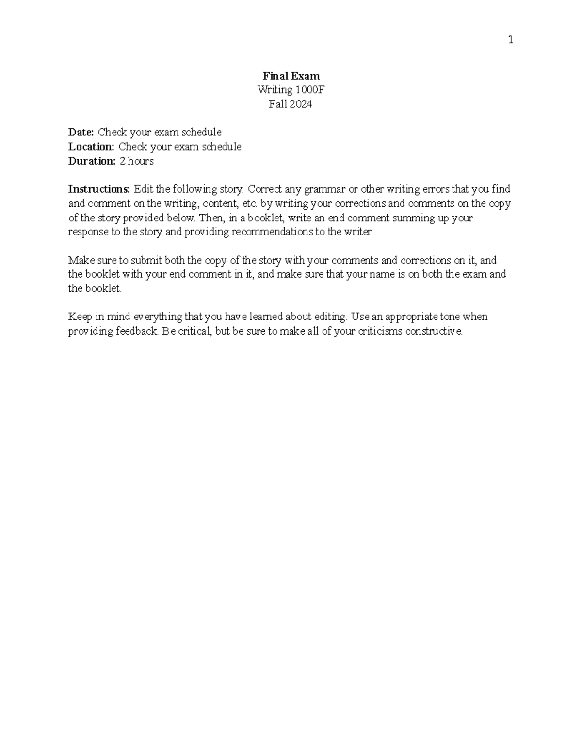 Template Writing 1000 Exam Fall 2024 2 - 1 Final Exam Writing 1000F ...