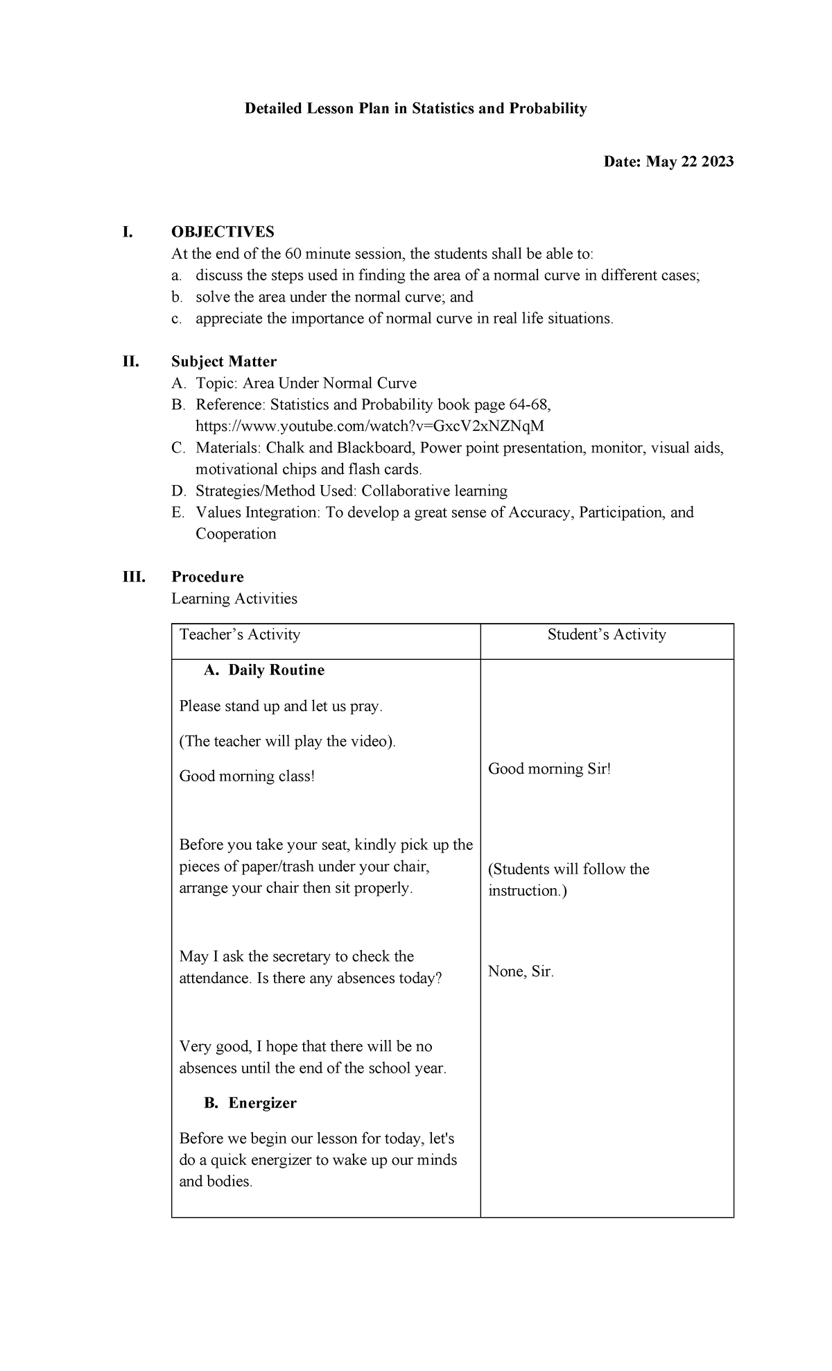 DEMO-CCI - Detailed Lesson Plan on Normal Curve in Stats & Prob. - Studocu