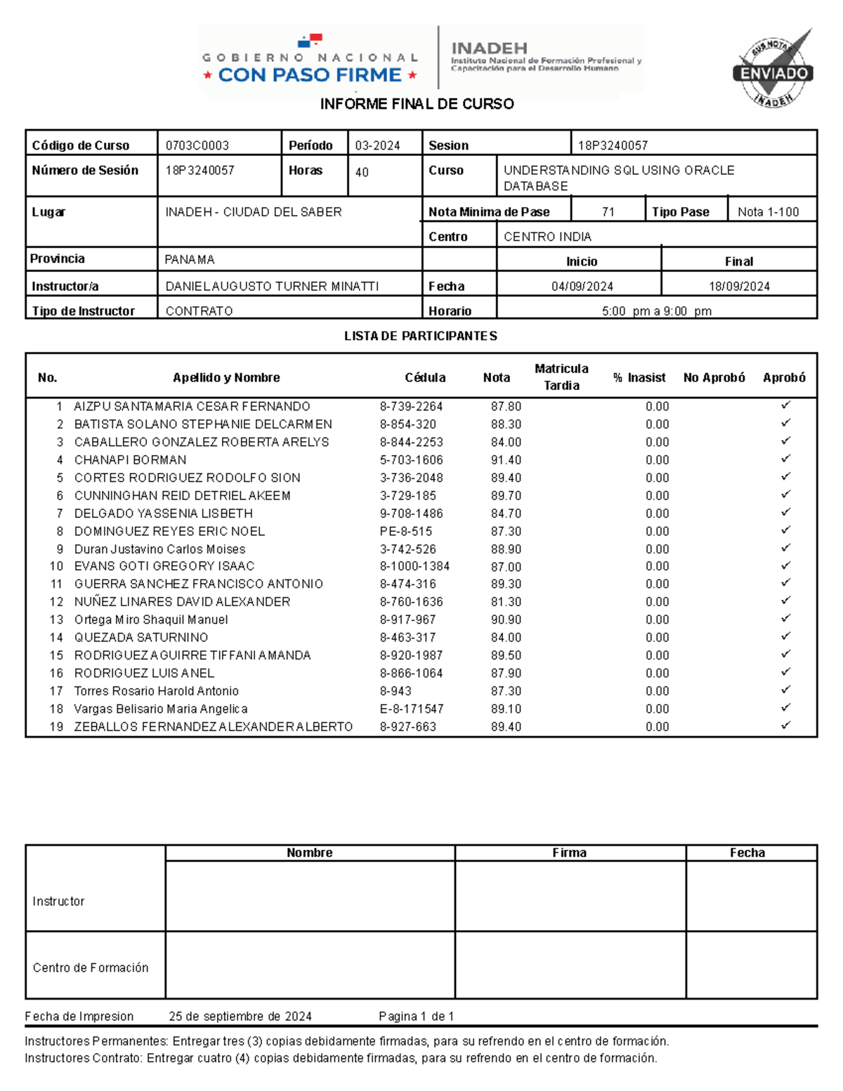 Informe Final DE Curso - Informacion - INFORME FINAL DE CURSO Lugar Número de Sesión Código de ...