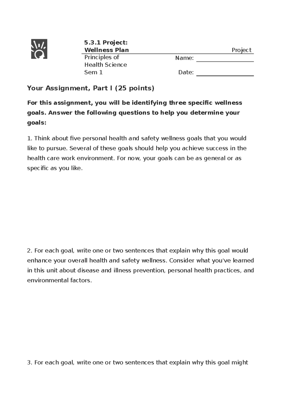 5.3.1 Project - Wellness Plan for Health Science Sem 1 - Studocu